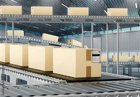 Conveyor With Boxes Automated Fulfillment Conveyor In Warehouse