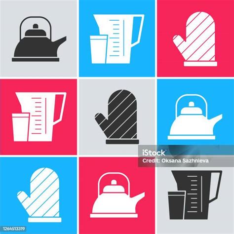 손잡이 측정 컵 및 오븐 장갑 아이콘주전자를 설정합니다 벡터 단일 객체에 대한 스톡 벡터 아트 및 기타 이미지 단일 객체 디자인 마실 것 Istock