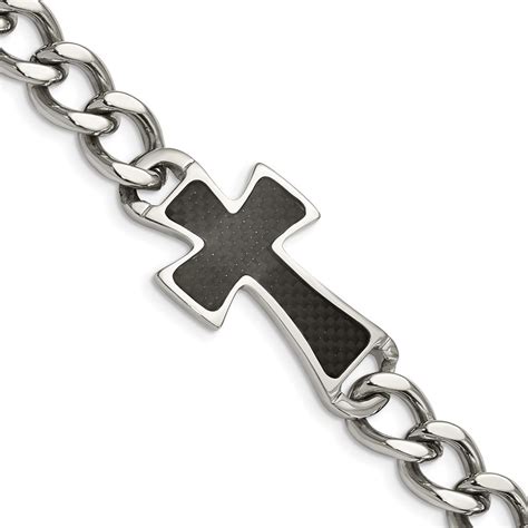 Stainless Steel Chisel Polished With Black Carbon Fiber Inlay Cross 8