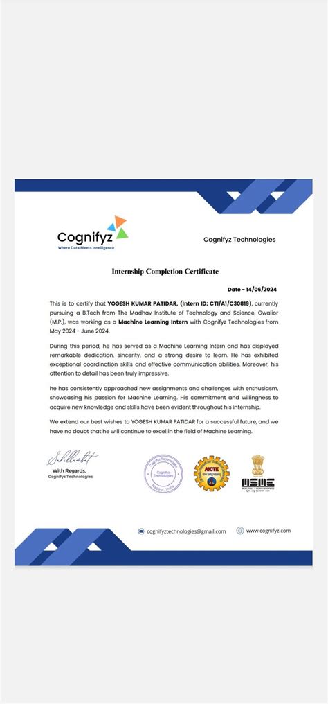 yogesh patidar on linkedin 💫 i excited to share my internship completion certificate of cognifyz…