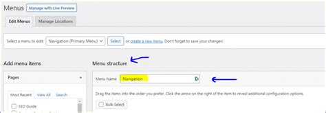 adding a website navigation bar menu wp website wiki