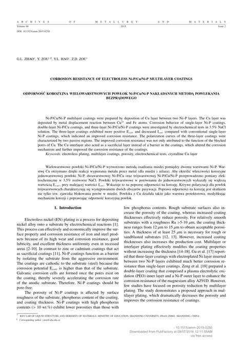 Pdf Corrosion Resistance Of Electroless Ni Pcuni P Multilayer Coatings