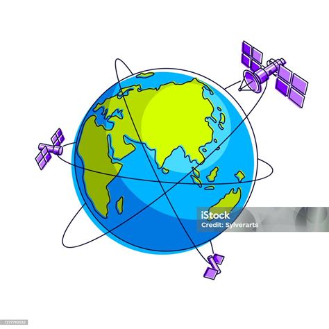 지구 주변 의 궤도 우주 비행을 비행 글로벌 통신 기술 위성 태양 전지 패널과 위성 안테나 플레이트우주선 우주 정거장 얇은 선 3d 벡터 그림 0명에 대한 스톡 벡터 아트