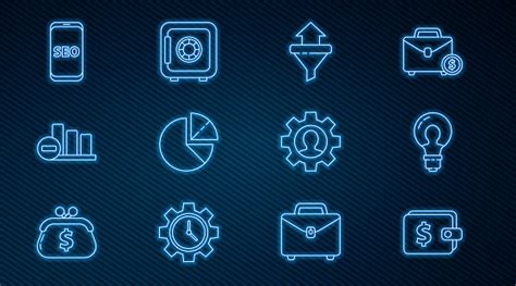 달러가 든 지갑 설정 아이디어의 전구 개념 판매 깔때기 화살표 파이 차트 인포 그래픽 휴대 전화 Seo 최적화 내부 인간 장비 및 안전 아이콘 벡터 가방에 대한 스톡 벡터