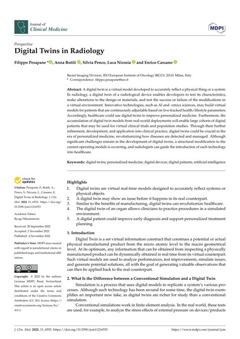 Pdf Digital Twins In Radiology