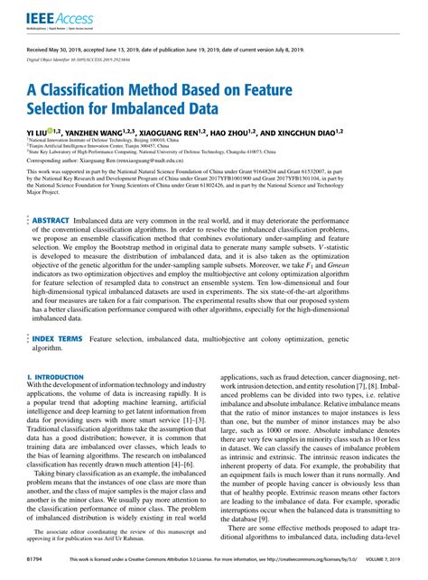 Pdf A Classification Method Based On Feature Selection For Imbalanced Data