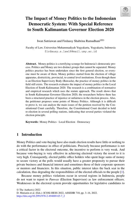 Pdf The Impact Of Money Politics To The Indonesian Democratic System With Special Reference