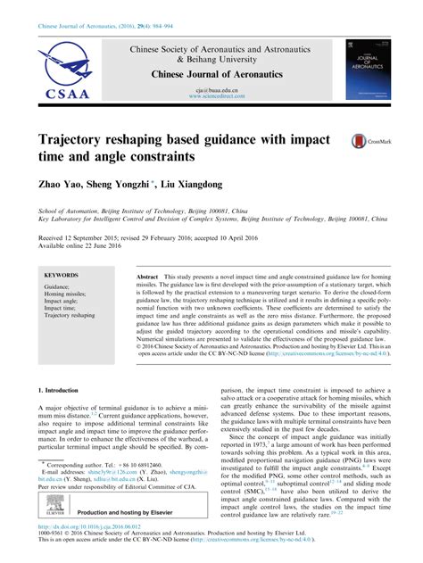 Pdf Trajectory Reshaping Based Guidance With Impact Time And Angle Constraints