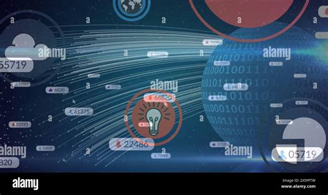 Image Of Social Media Icons And Numbers Over Binary Coding Globe Stock