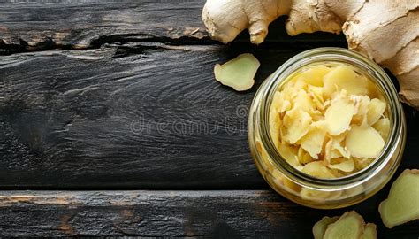 Spicy Pickled Ginger And Root On Wooden Table Space For Text Stock