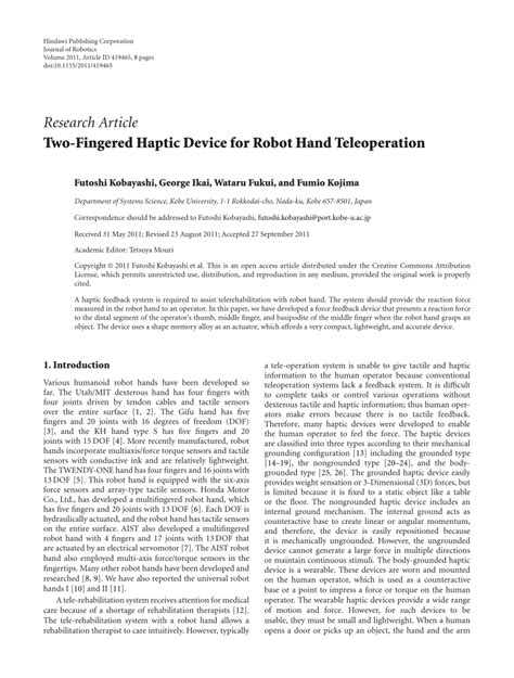 Pdf Two Fingered Haptic Device For Robot Hand Teleoperation