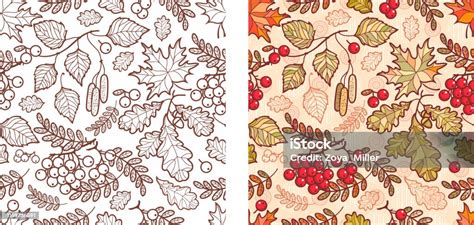 로완 단풍 나무 자작 나무 참나무와 단풍 나무와 원활한 패턴 단풍 가을 잎 디자인 단풍 숲 잎 벡터입니다 빨강 녹색 갈색과 노란색 떨어지는 단풍 로완 재 재 베리와 산 재