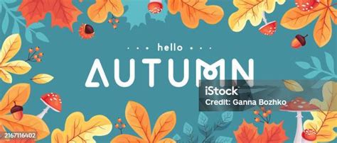 안녕하세요 가을 계절 배너 나뭇잎 버섯 꽃 요소 및 가을 속성 벡터 일러스트 레이 션 10월에 대한 스톡 벡터 아트 및 기타 이미지 Istock