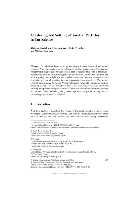 Pdf Clustering And Settling Of Inertial Particles In Turbulence