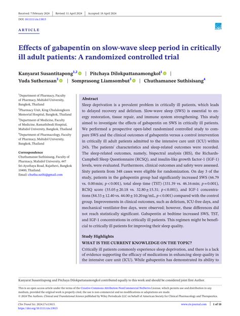 Pdf Effects Of Gabapentin On Slow‐wave Sleep Period In Critically Ill Adult Patients A