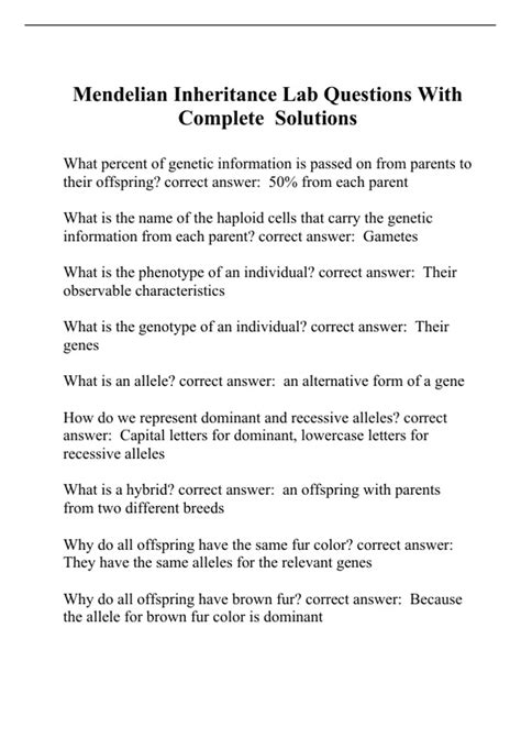 Mendelian Inheritance Lab Questions With Complete Solutions Mendelian Genetics Stuvia US