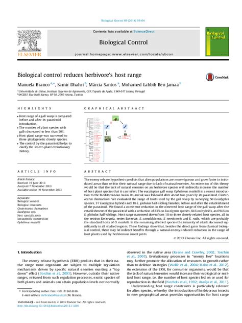 pdf biological control reduces herbivore s host range samir dhahri