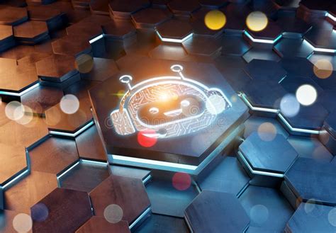 Chatbot Icon Concept Engraved On Metal Hexagonal Pedestral Background Chat Bot Assistance Logo