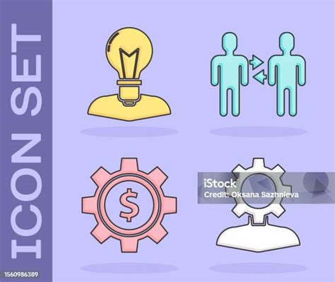 내부에 기어가 있는 인간 램프 전구가 있는 인간의 머리 달러 기호가 있는 기어 및 프로젝트 팀 기본 아이콘을 설정합니다 벡터 개념에 대한 스톡 벡터 아트 및 기타 이미지