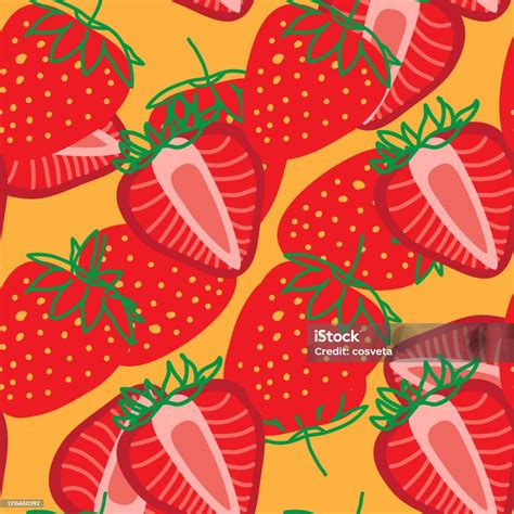딸기의 벡터 원활한 패턴 디자인 다채로운 추상 일러스트 패턴 직물 포장 포장 배경 화면 및 카드에 대한 노란색 배경에 전체 및 슬라이스 레드 딸기 베리 0명에 대한 스톡