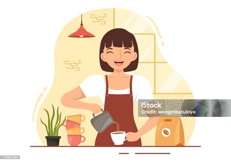 바리스타 그림 평면 만화 손으로 그린 랜딩 페이지 또는 웹 배너 템플릿에서 고객을 위해 커피를 만드는 스탠딩 앞치마를 입고 있다 고객에 대한 스톡 벡터 아트 및 기타 이미지