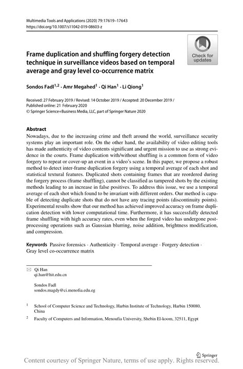 frame duplication and shuffling forgery detection technique in surveillance videos based on