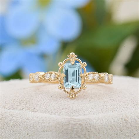Handmade 14k Gold Aquamarine Engagement Ring Emerald Cut Diamond