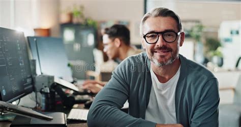 Business Man Face And Computer Screen For Coding Programming And Software Development With Ux