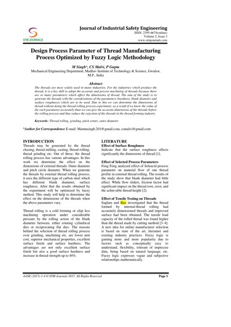 Pdf Design Process Parameter Of Thread Manufacturing Process Optimized By Fuzzy Logic Methodology