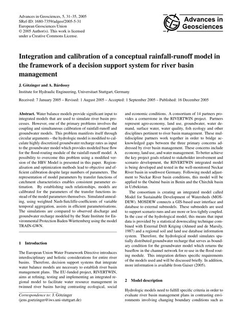 Pdf Integration And Calibration Of A Conceptual Rainfall Runoff Model