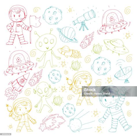 달 표면입니다 유치원 어린이 놀이 공간 탐사 Ufo 외계인의 우주선 로켓입니다 어린이 소년과 소녀와 달 화성 토성 목성 2 3 살에 대한 스톡 벡터 아트 및 기타 이미지