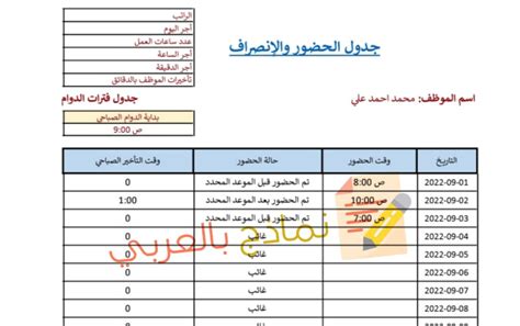 نموذج حضور وانصراف الموظفين Word و Pdf 2023 نماذج بالعربي