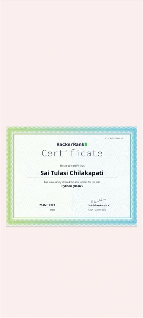Sai Tulasi Chilakapati On Linkedin Python Hackerrank Certification Programming Learning