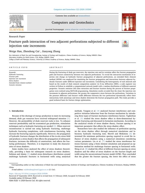 Fracture Path Interaction Of Two Adjacent Perforations Su 2020 Computers And Pdf
