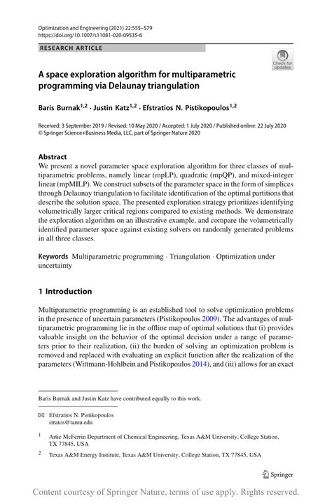 A Space Exploration Algorithm For Multiparametric Programming Via