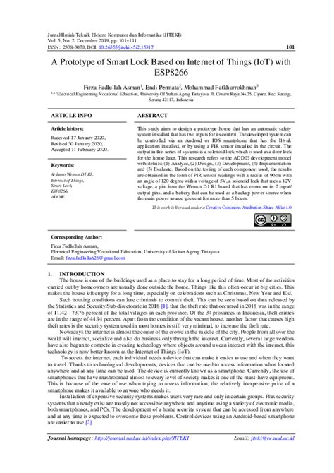 Pdf Prototype Of Smart Lock Based On Internet Of Things Iot With