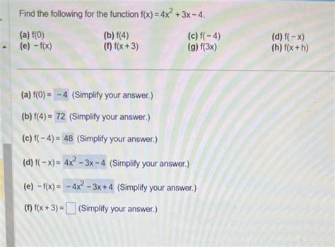 solved find the following for the function f x 4x2 3x−4