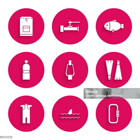 카라비너 상어 지느러미 바다 파도 수영용 고무 오리발 잠수복 스쿠버 다이빙 Aqualung 물고기 및 배낭 아이콘을 설정합니다