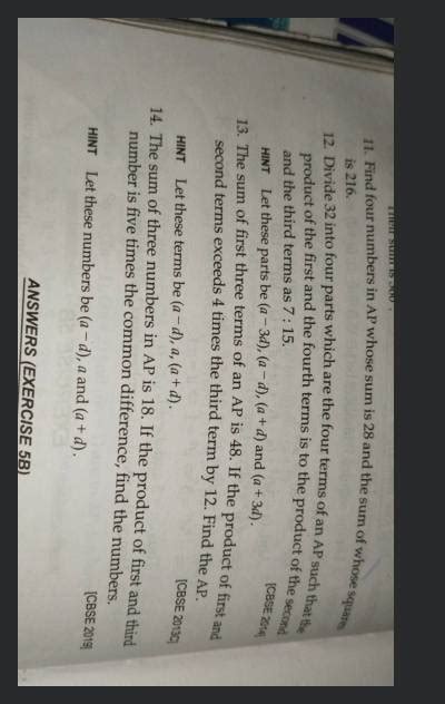 11 Find Four Numbers In Ap Whose Sum Is 28 And The Sum Of Whose Squares
