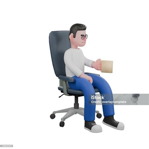 비디오 편집자를 위한 3d 모델 만화 캐릭터 남성 영상 편집자는 왼손에 커피잔을 들고 오른손은 허벅지 위에 올려놓고 앉아 있다 일러스트레이션 디자인 3차원 형태에 대한 스톡