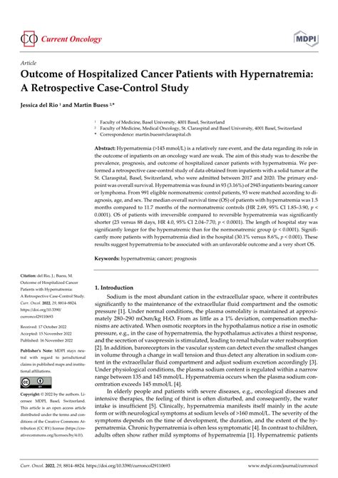 Pdf Outcome Of Hospitalized Cancer Patients With Hypernatremia A