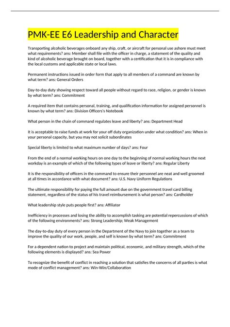 Pmk Ee E6 Leadership And Character Questions And Answers Pmk Ee E6 Stuvia Us