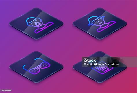 아이소메트릭 라인 설정 청각 장애인과 벙어리의 머리 블라인드 안경 청각 장애인 및 인터콤 파란색 사각형 버튼 벡터 3차원 형태에 대한 스톡 벡터 아트 및 기타 이미지