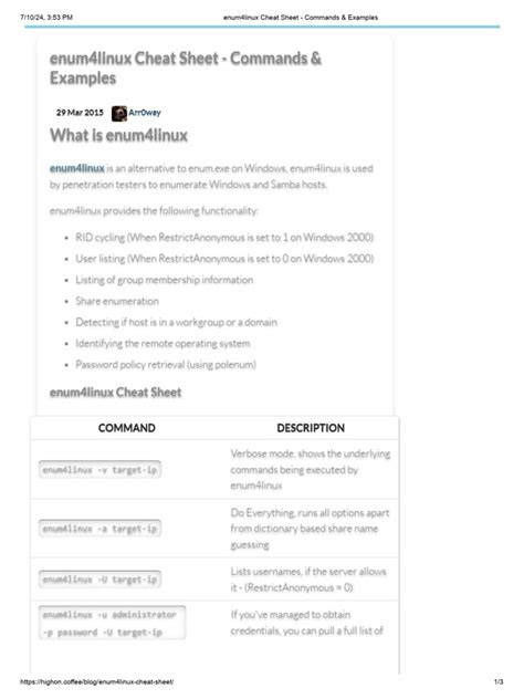 Enum4linux Cheat Sheet Commands And Examples Pdf Microsoft Windows Password