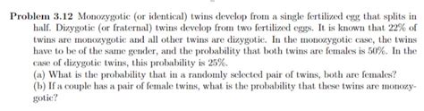 Solved Problem Monozygotic Or Identical Twins Develop Chegg Com