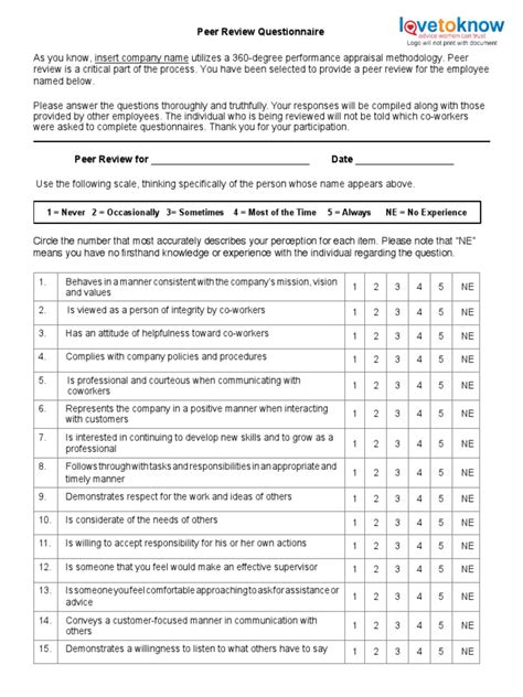877 Peer Review Questionnaire Pdf Pdf Performance Appraisal Communication