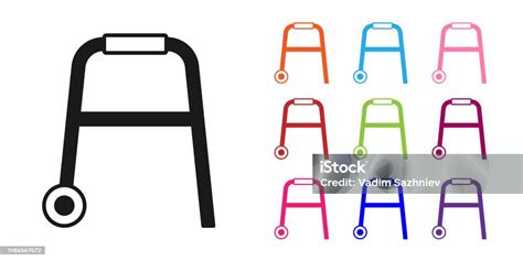 흰색 배경에 격리 된 장애인 아이콘을위한 블랙 워커 다채로운 아이콘을 설정합니다 벡터 개념에 대한 스톡 벡터 아트 및 기타 이미지 개념 건강 진단 건강관리와 의술