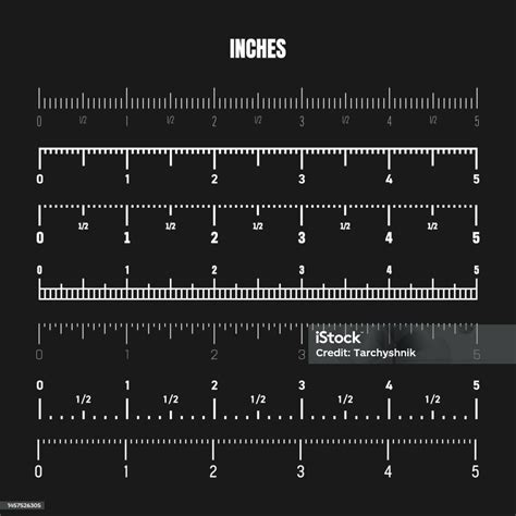 길이 또는 높이를 측정하기위한 사실적인 흰색 인치 스케일 분할이 있는 다양한 측정 스케일 눈금자 테이프 측정 표시 크기 표시기 벡터 일러스트 레이 션 0명에 대한 스톡 벡터