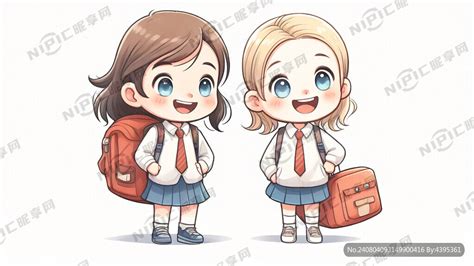 Ai创作图可爱手绘卡通背着书包 穿着可爱校服 男孩 女孩 昵图网
