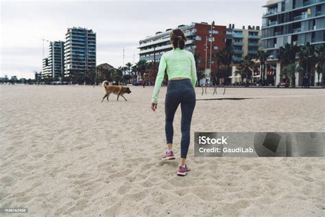 해변에서 산책로 도중 사랑스러운 개를 산책하기 위해 아침 여가를 보내는 슬림 핏 소녀 해안선에서 멀티 태스킹과 심장 강화 훈련을 즐기는 몽그렐 개와 조깅하는 결정적인 주자